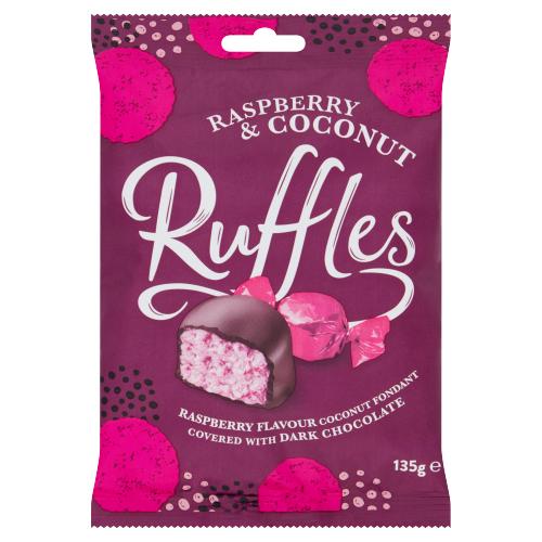 Raspberry & Coconut Ruffles Share Bag 135g – Vegan Town Chocolate